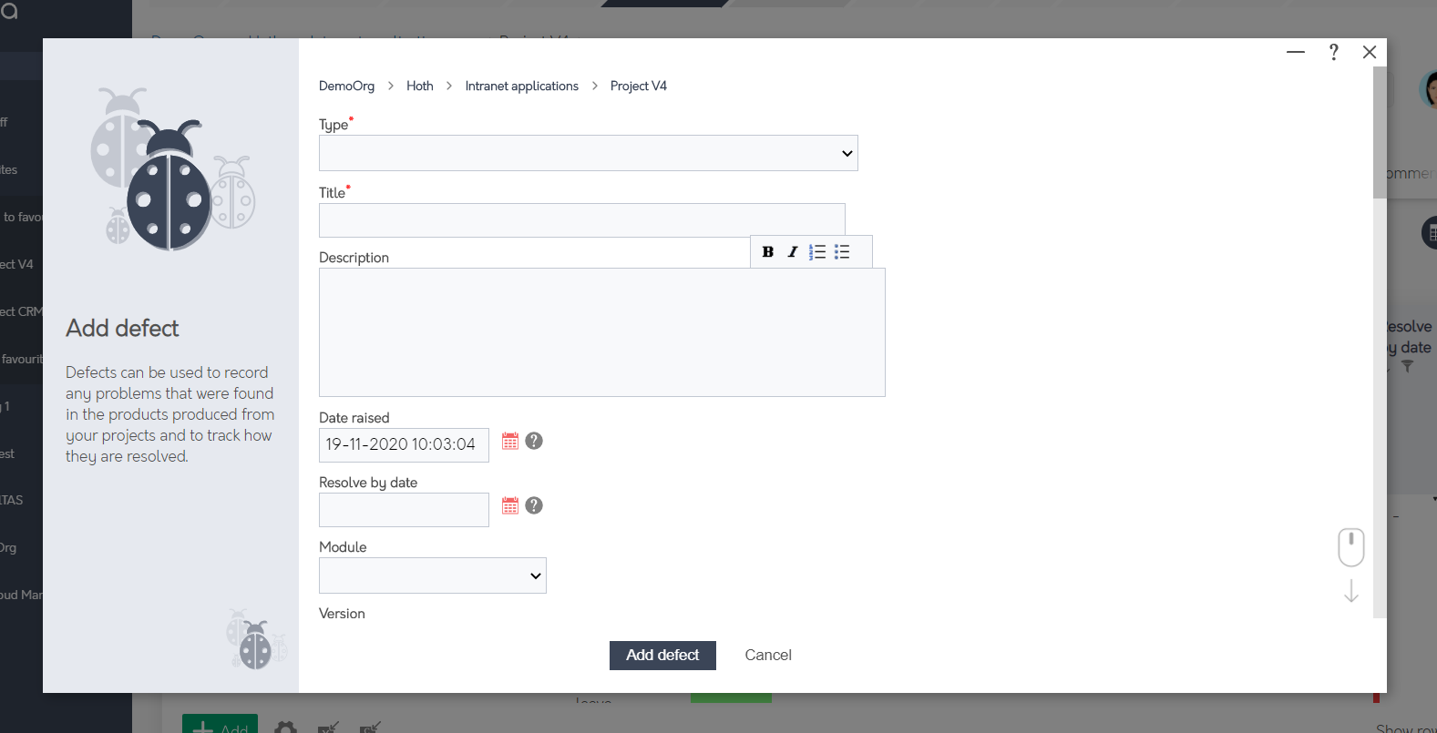 Add defect form | Psoda Help Centre