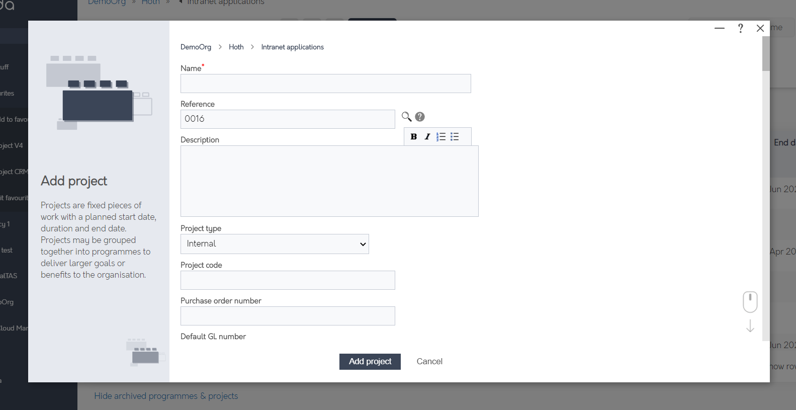 Add project form | Psoda Help Centre