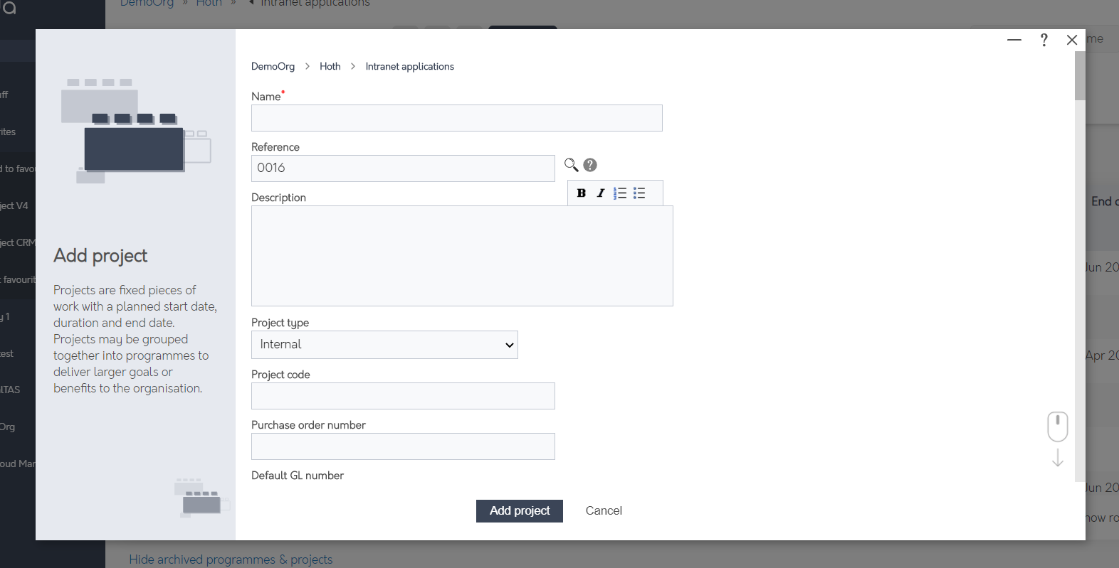 Add project form | Psoda Help Centre