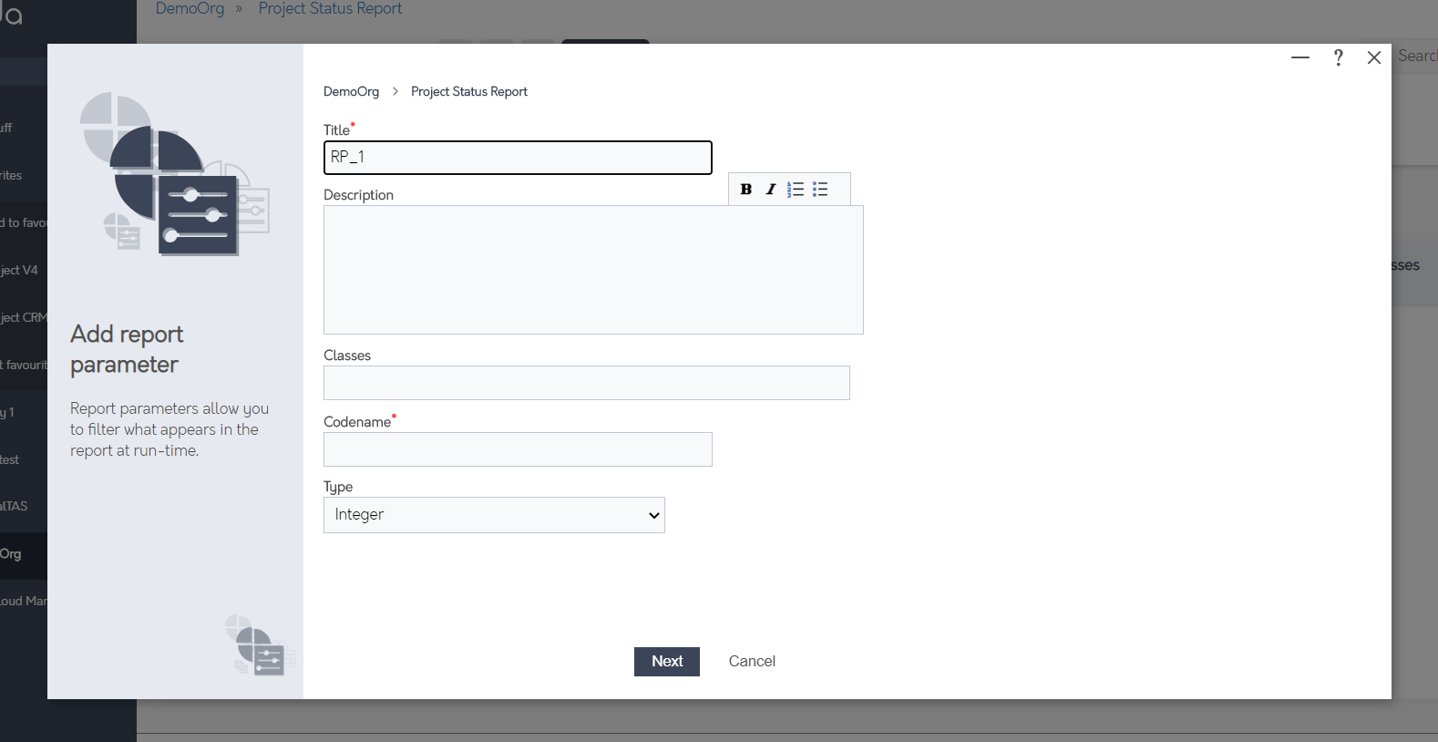 Add report parameter form - Psoda Help Centre