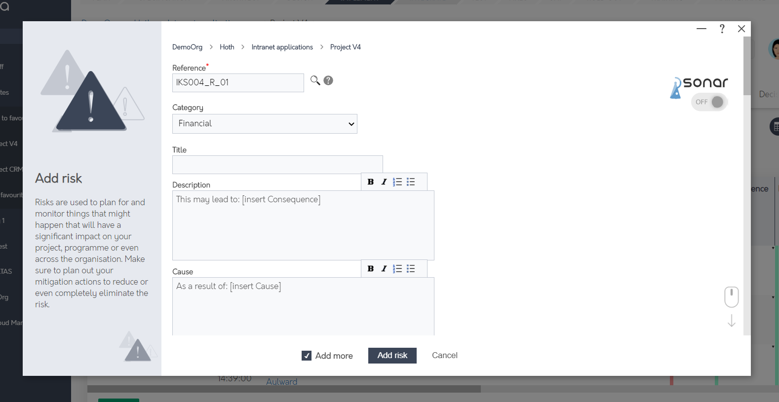 Add risk form | Psoda Help Centre