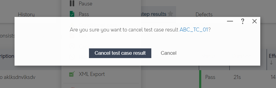 Cancel test case result popup | Psoda Help Centre