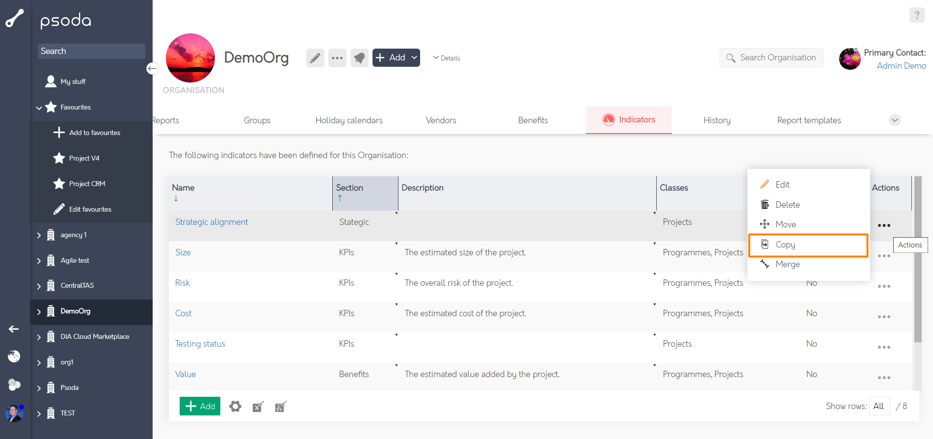Copy indicator form - Psoda Help Centre