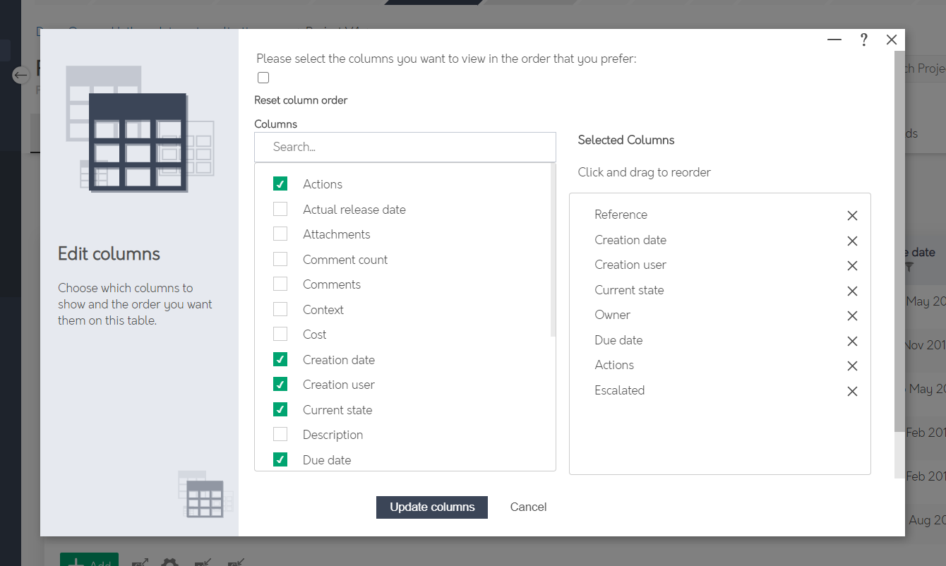 Customising tabs and table columns - Psoda Help Centre