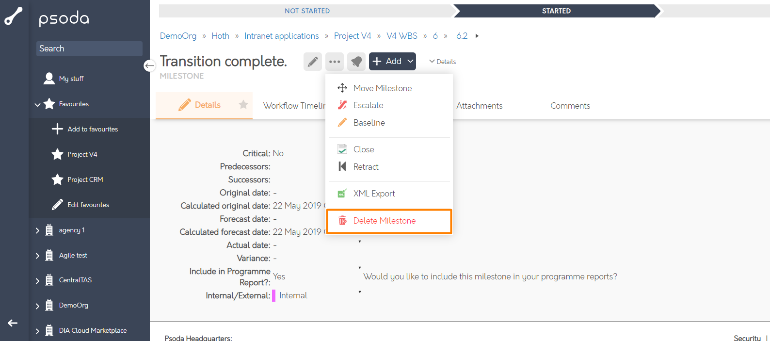 Delete milestone form | Psoda Help Centre