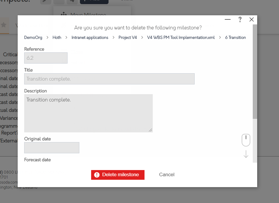 Delete milestone form | Psoda Help Centre