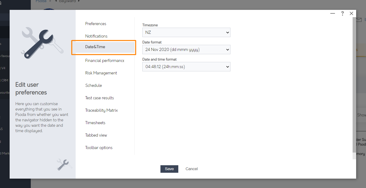 Edit user preferences form | Psoda Help Centre