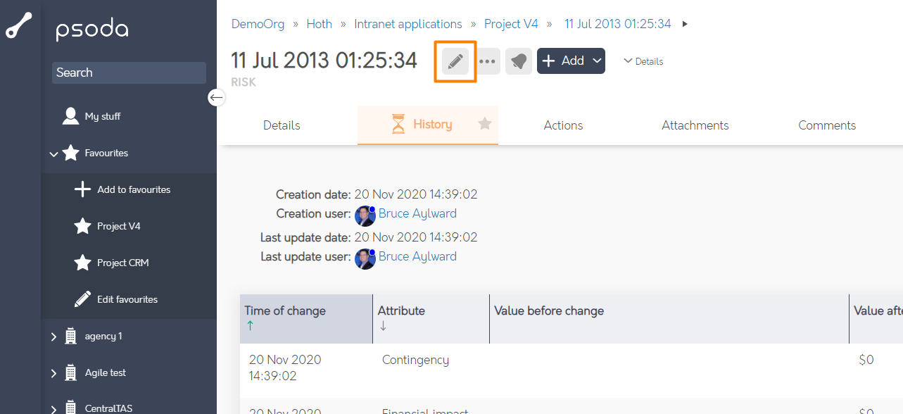 Edit risk form | Psoda Help Centre