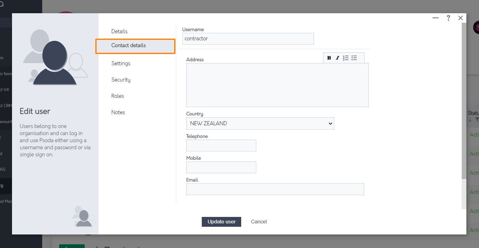 Edit user form | Psoda Help Centre