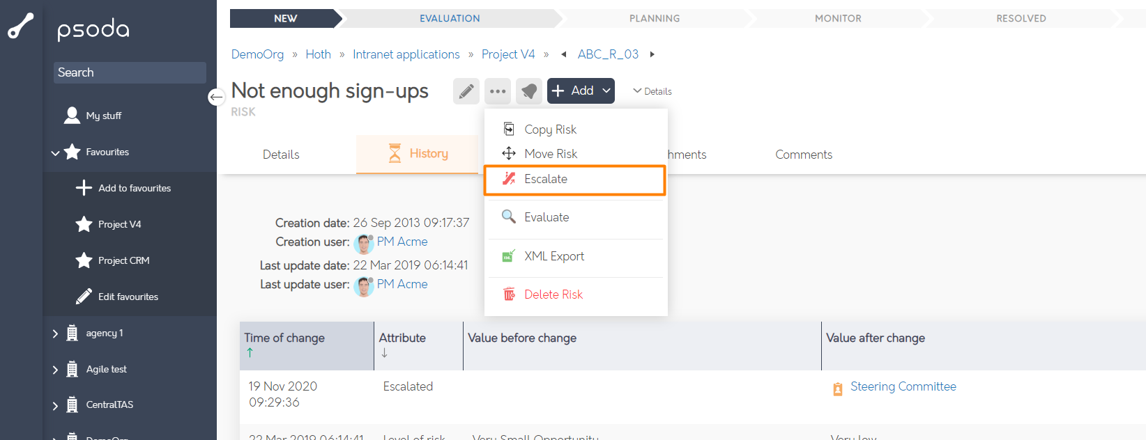 Escalate risk form | Psoda Help Centre