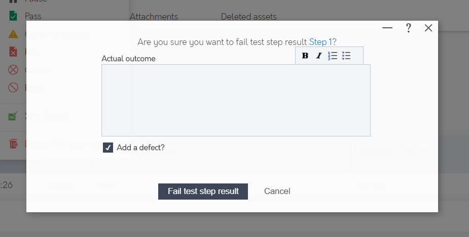 Fail test step result popup - Psoda Help Centre