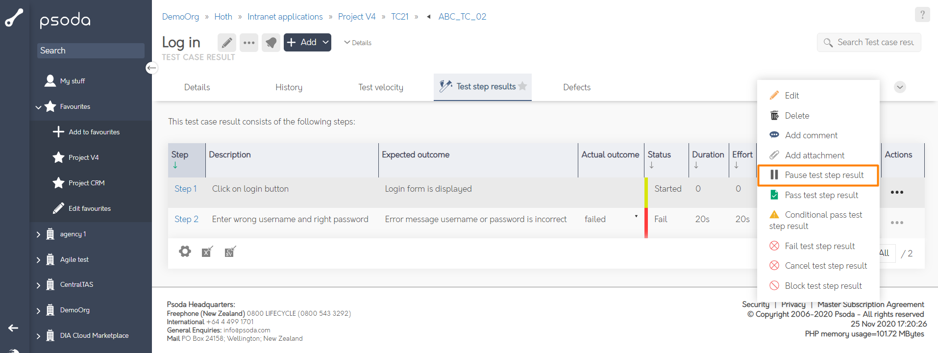 Pause test step result popup | Psoda Help Centre
