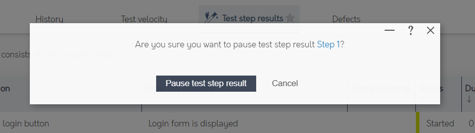 Pause test step result popup | Psoda Help Centre