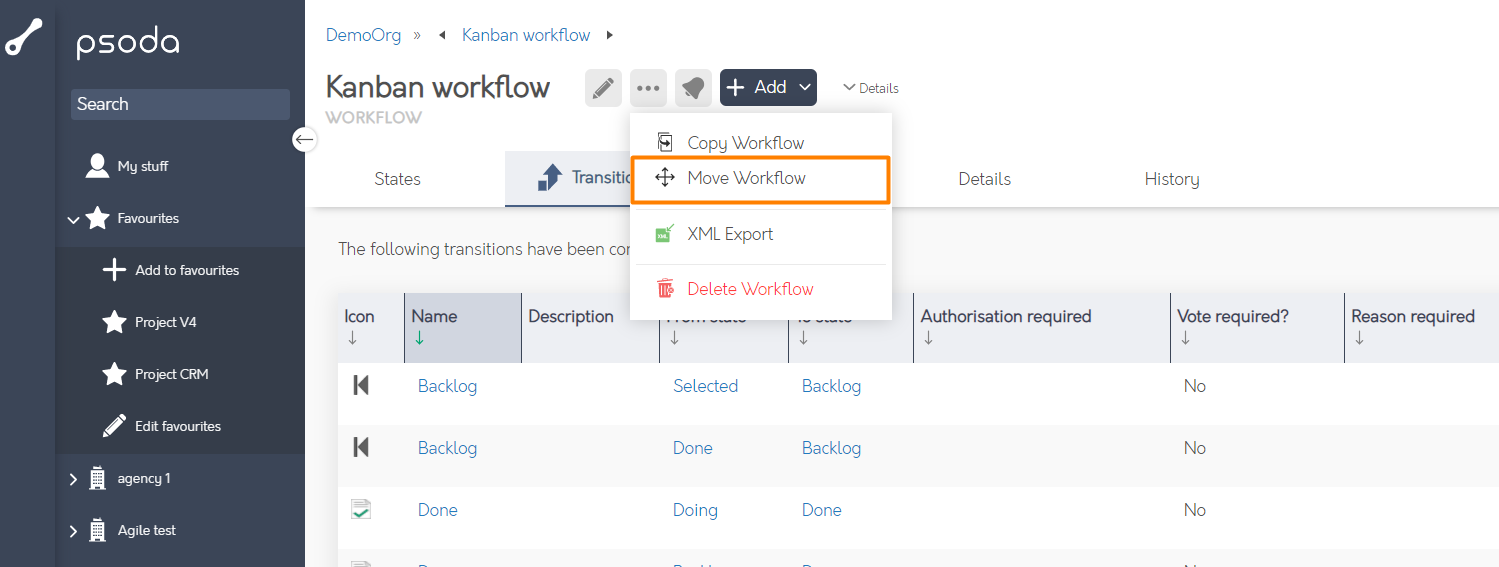 Move workflow form | Psoda Help Centre